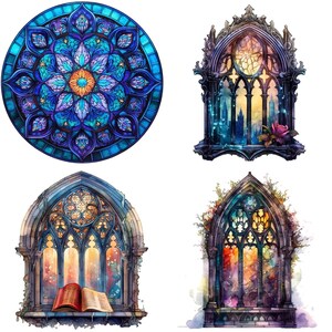 Watercolor Gothic Windows Clipart - Dark Vibrant Fantasy Church Stained ...