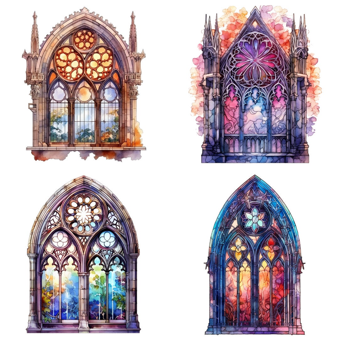 Watercolor Gothic Windows Clipart - Dark Vibrant Fantasy Church Stained ...