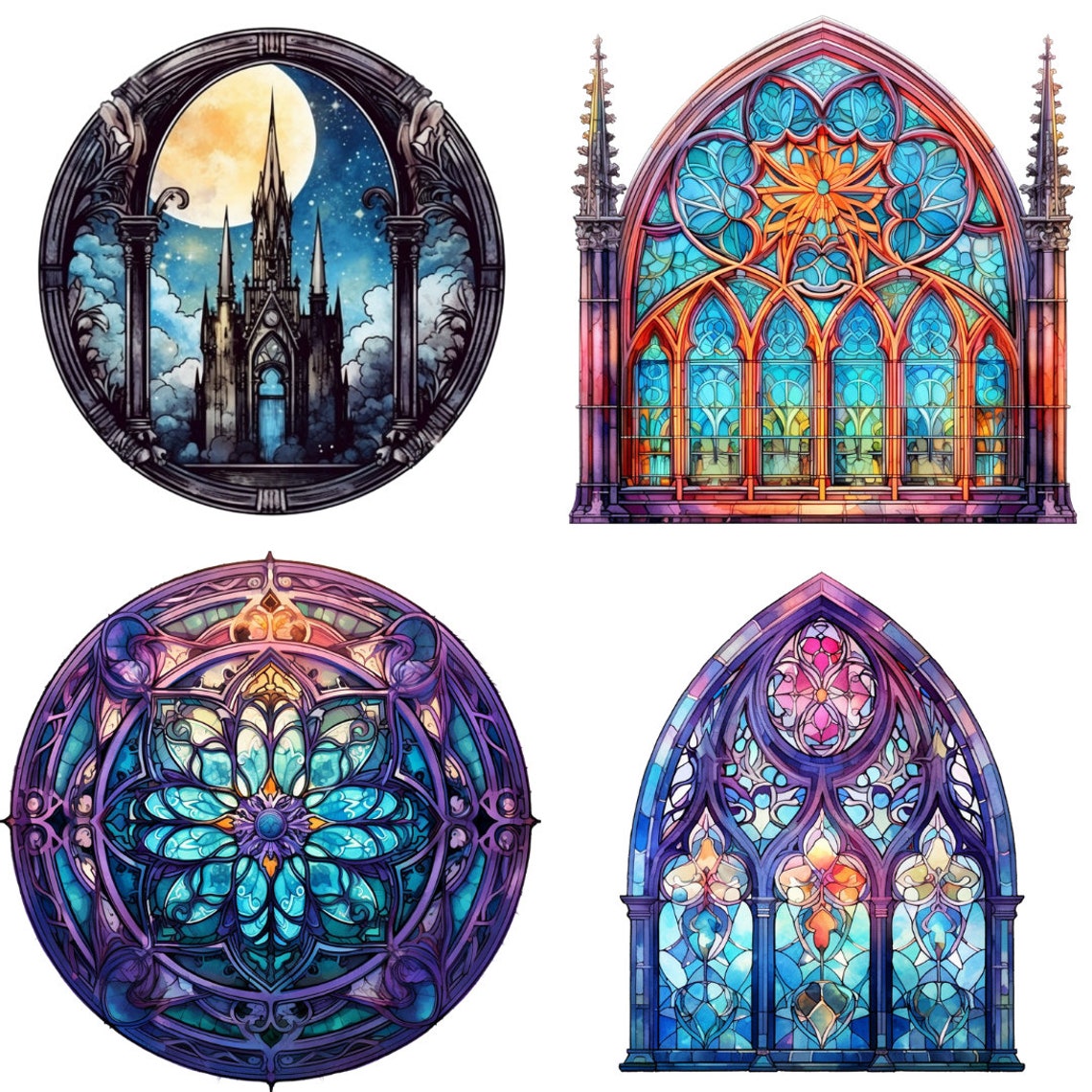 Watercolor Gothic Windows Clipart - Dark Vibrant Fantasy Church Stained ...