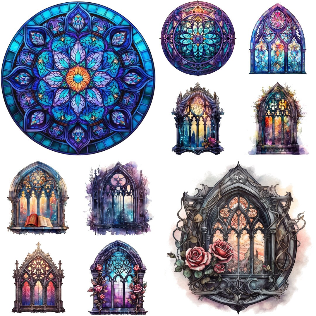 Watercolor Gothic Windows Clipart - Dark Vibrant Fantasy Church Stained ...