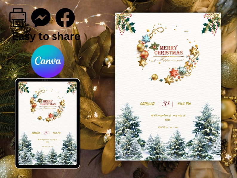 Editable Neutral Boho Christmas Party Invitation Christmas Party Invite ...