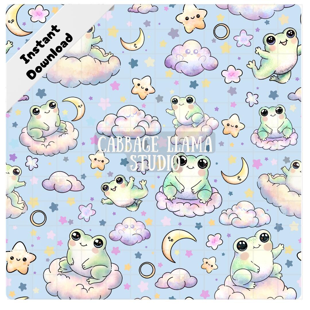Cute Green Frogs, Kawaii Cute Moon and Stars Seamless File 300 DPI PNG ...