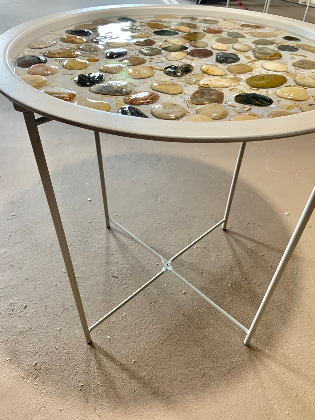 Handmade Side Outdoor/indoor Metal Table With Resin Top and Sea Stones ...