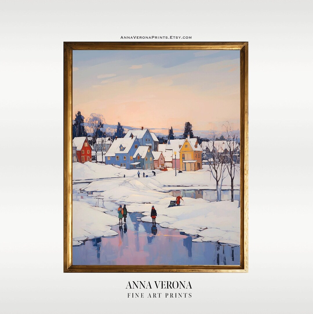 Snowy Village by Frozen Lake - Printable Art, Vintage Charm, Cottage ...