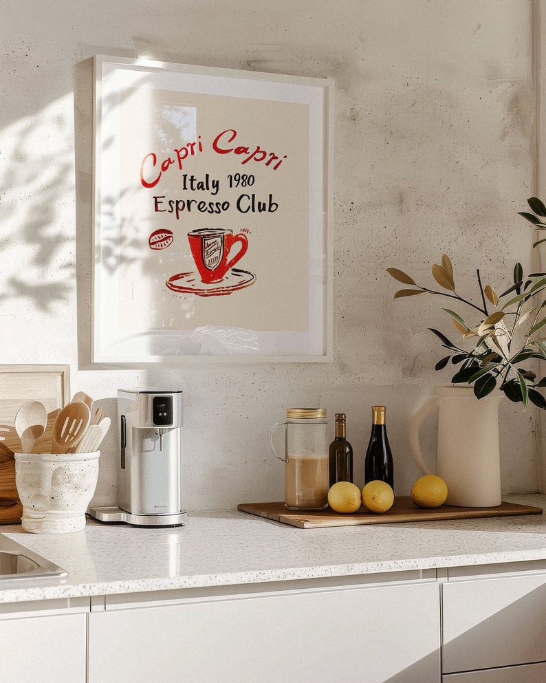Capri Italy 1980 Espresso Club Art Print, Hand-drawn Coffee Poster ...