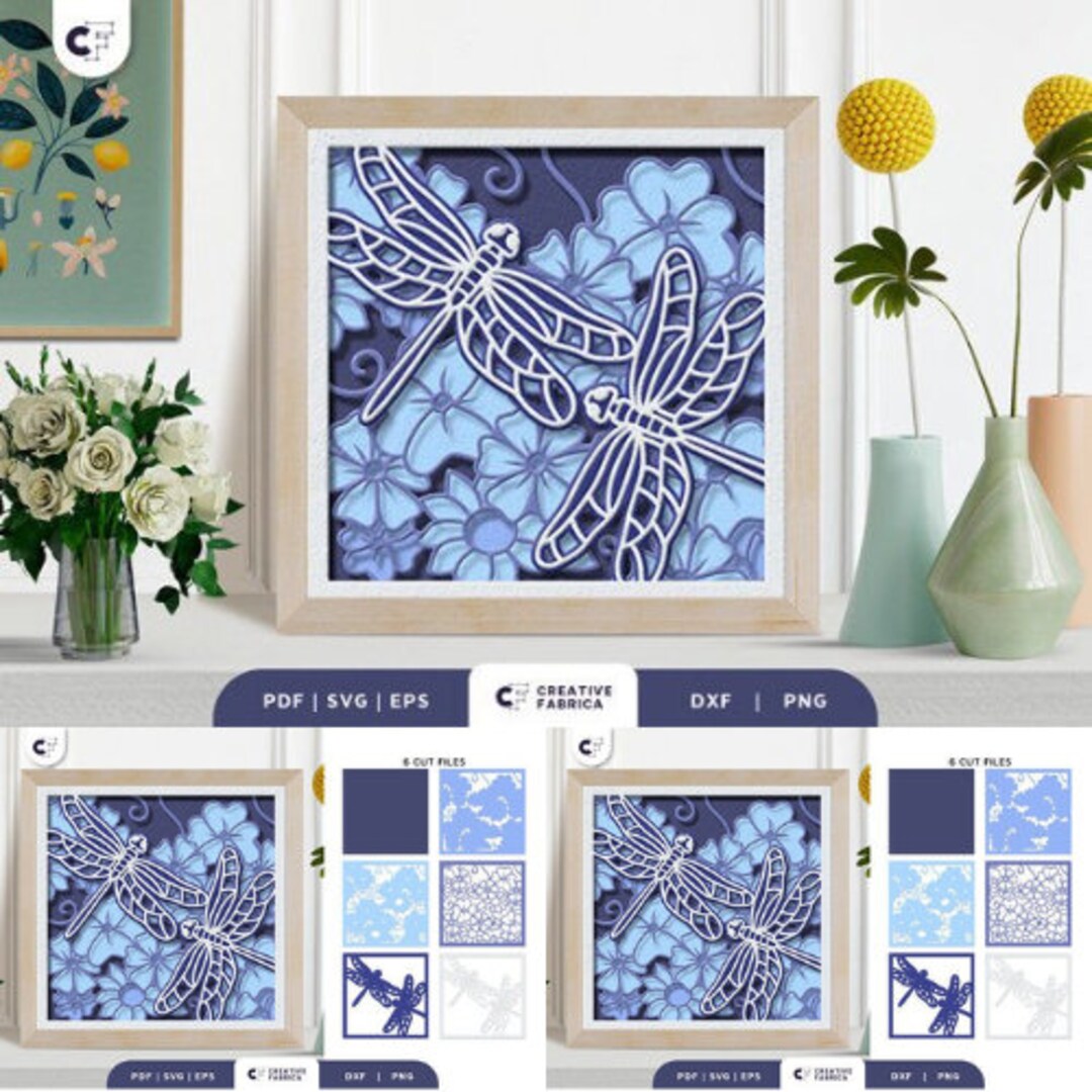 Spring Dragonfly Shadow Box 6 Layers in SVG, Pdf, Eps, PNG, DXF Formats ...