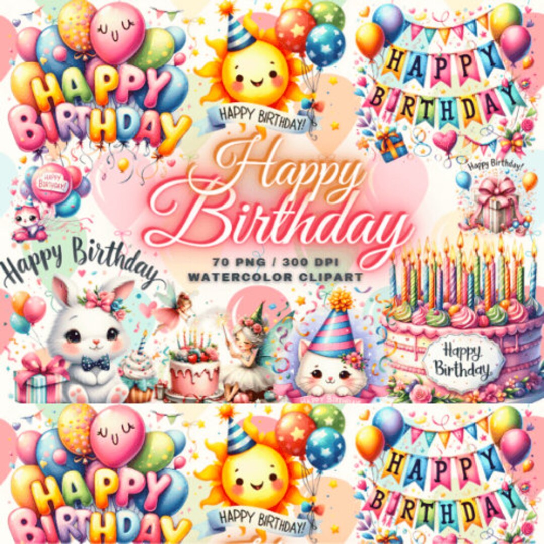 Watercolor Happy Birthday Clipart Bundle: 70 Unique PNG Files for ...