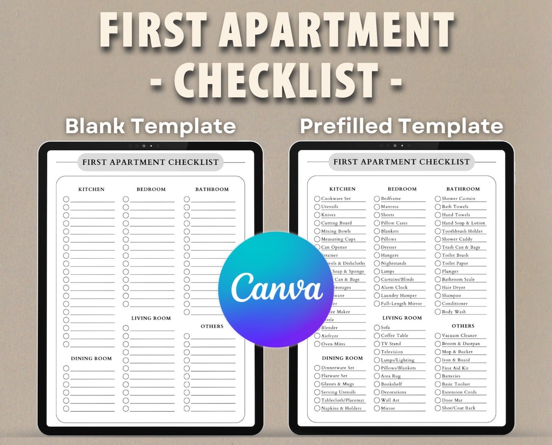First Apartment Checklist Printable, Editable, Canva Template, Packing ...