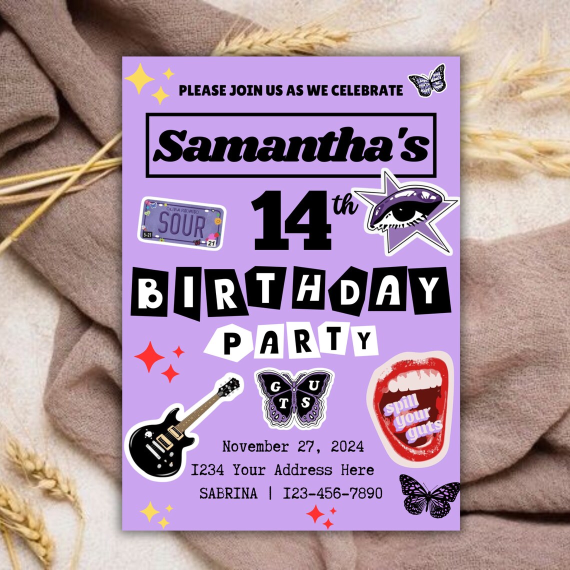 Sour Birthday Themed Party Purple Invitations, Guts Birthday Themed ...