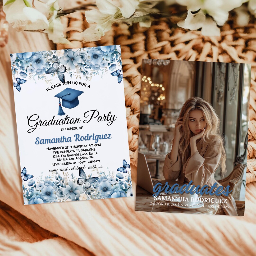 Blue Floral Graduation Invitation, Grad Party Invite, Blue Graduation ...