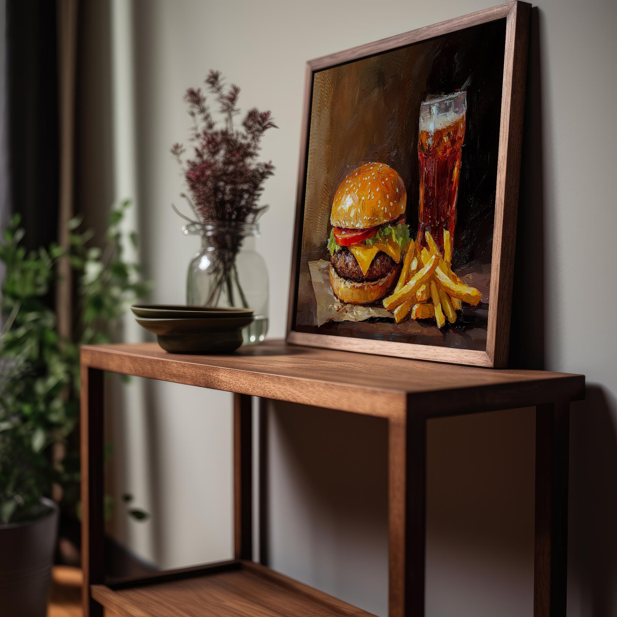 Classic Burger Combo | Vintage Still Life Oil Painting, Moody Wall Art ...