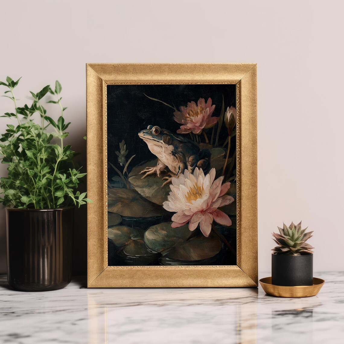 Frog & Water Lily Oil Painting | Goblincore Dark Academia Art Print ...