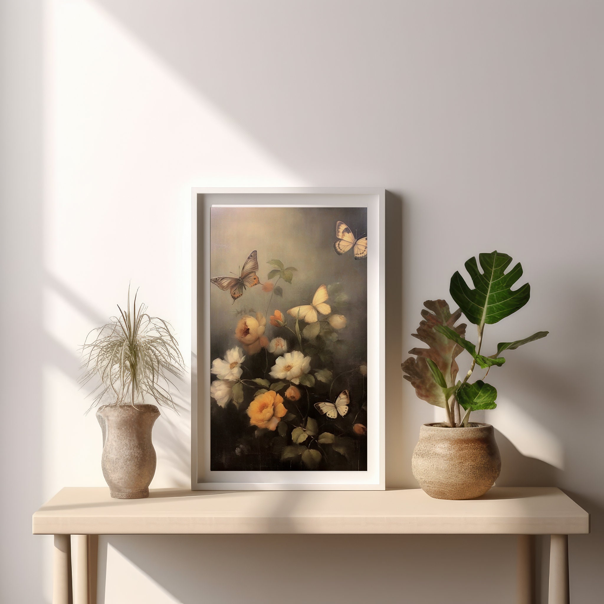 Butterflies Flowers Vintage Aesthetic, Cottagecore Wall Art, Moody ...