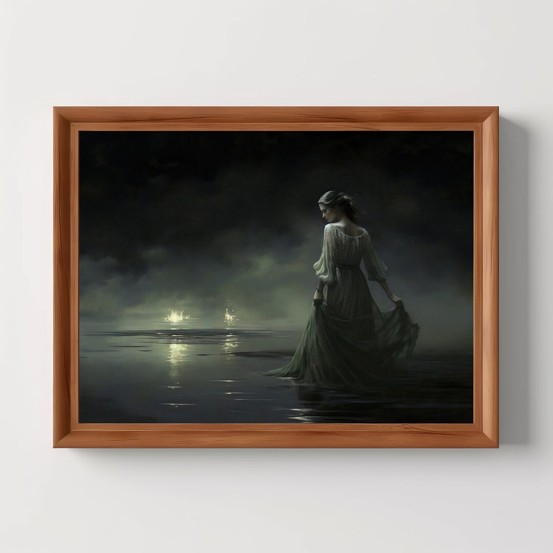 Girl Water Night | Seascape Oil Painting, Moody Coast Print, Antique ...
