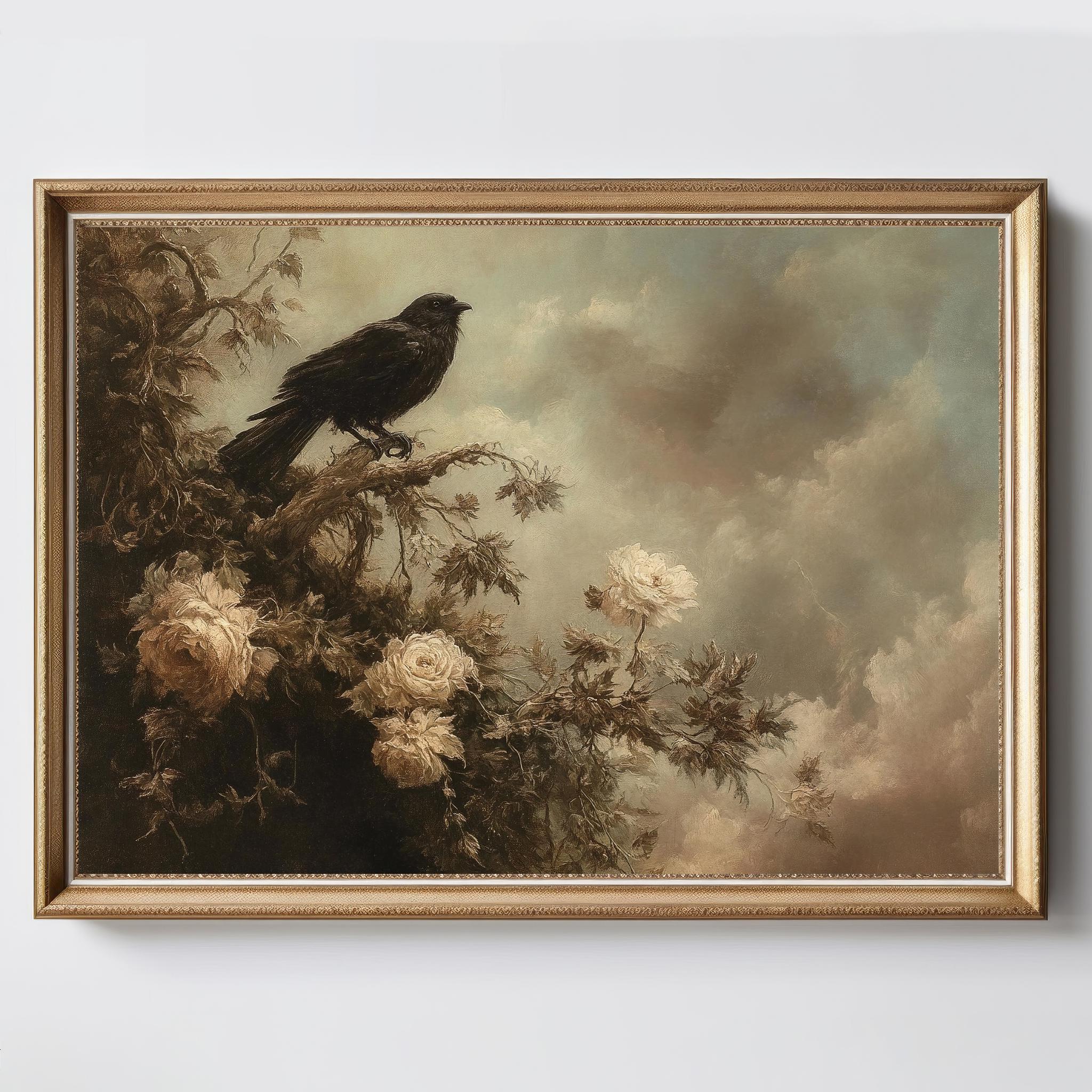 Raven and Peonies | Gothic Vintage Bird Art, Dark Romantic Oil Painting ...
