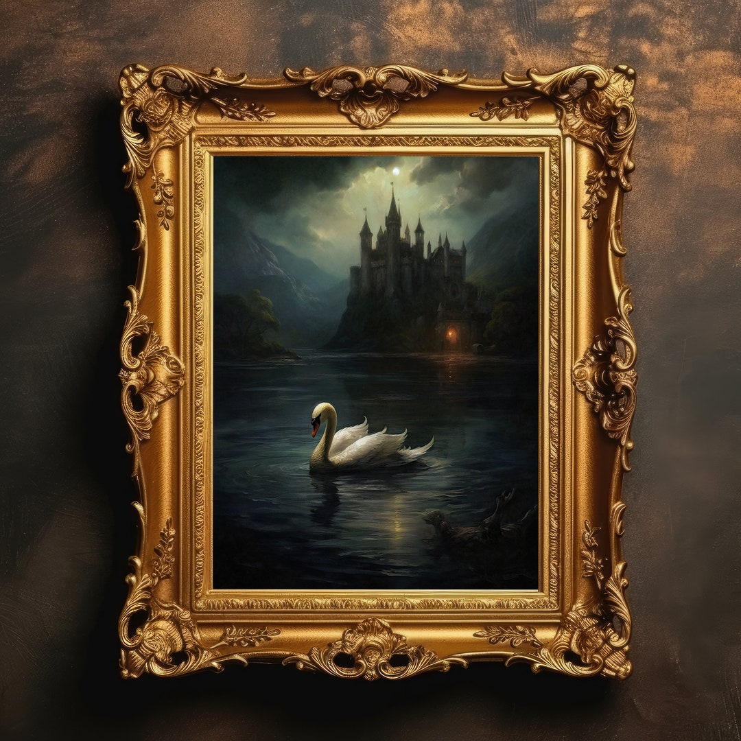 White Swan Castle | Moody Antique Swan Oil Painting, Witchy Aesthetic ...