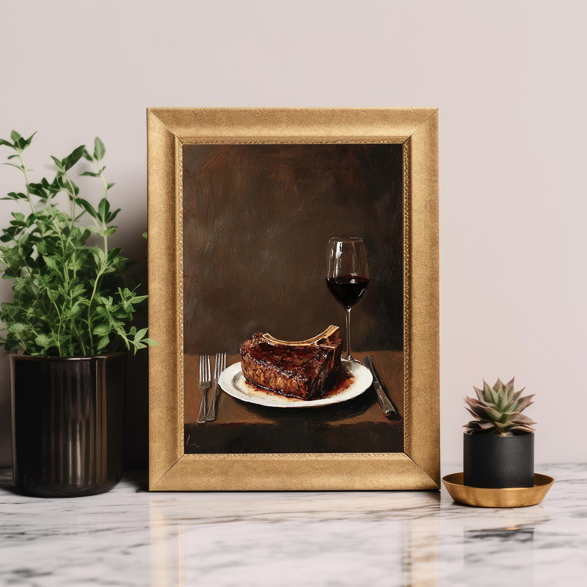 Steak | Vintage Oil Painting, Kitchen Wall Decor, Dining Room Art ...