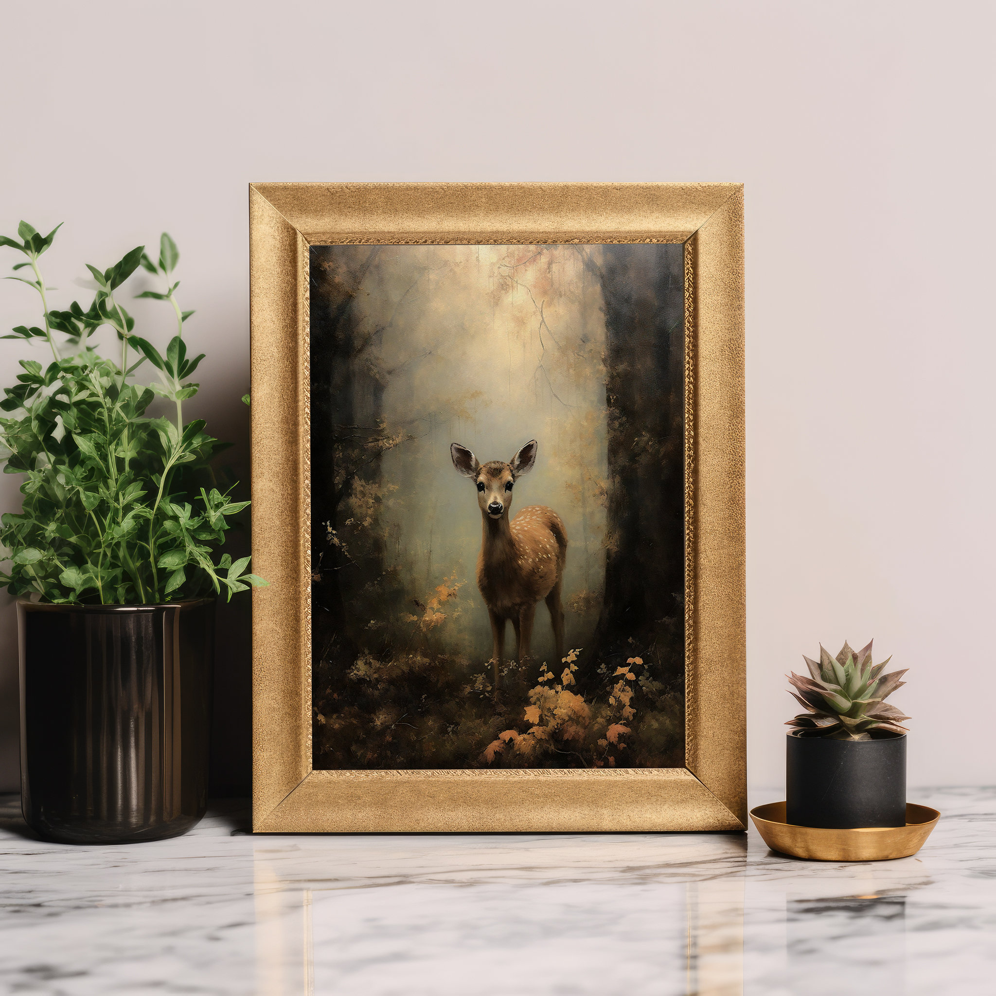 Fawn in Forest | Dark Academia, Baby Deer Wall Art, Woodland Painting ...