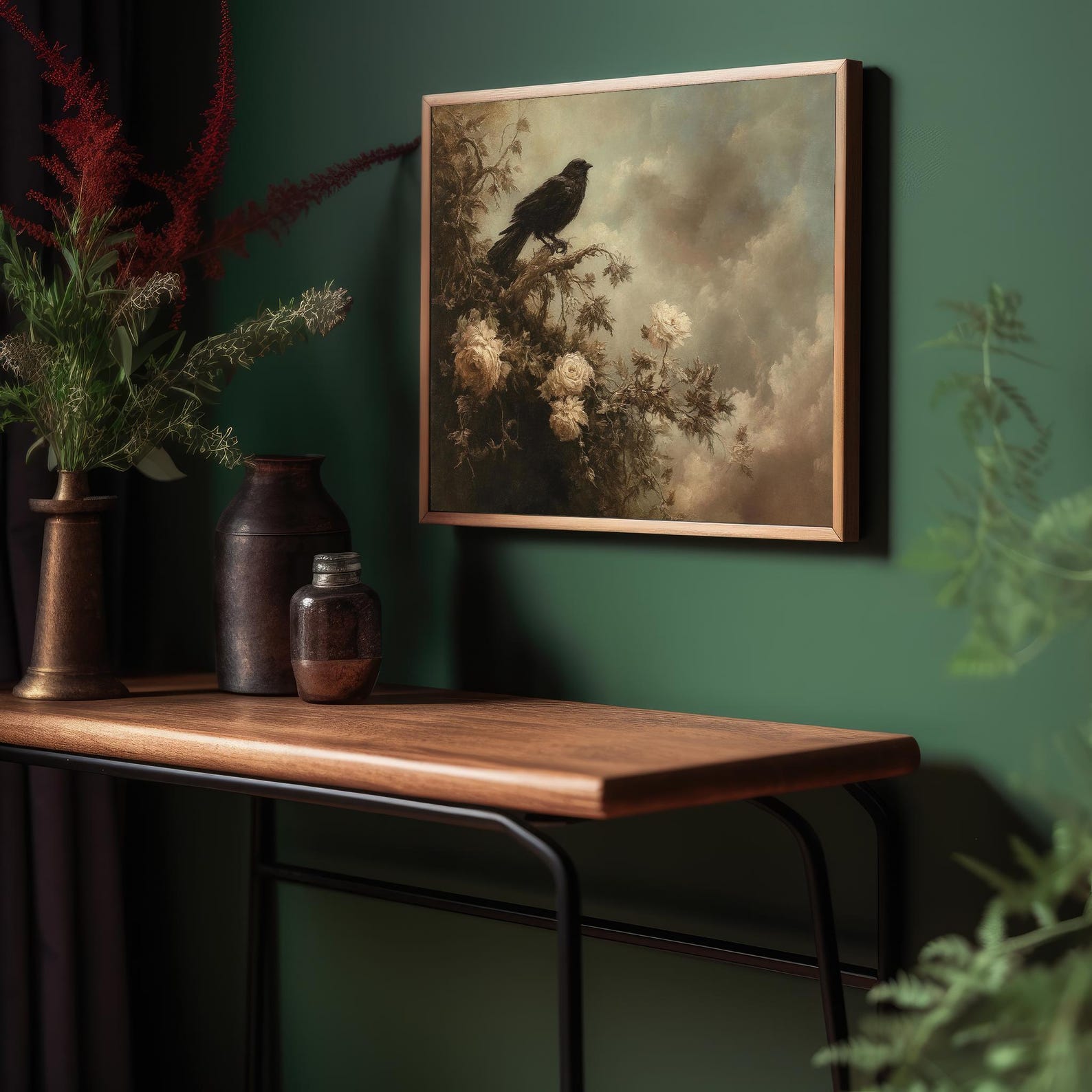 Raven and Peonies | Gothic Vintage Bird Art, Dark Romantic Oil Painting ...