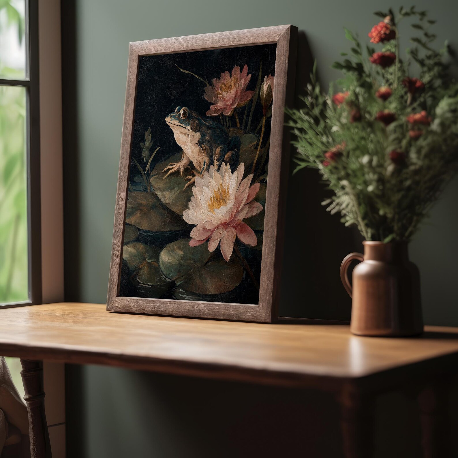 Frog & Water Lily Oil Painting | Goblincore Dark Academia Art Print ...