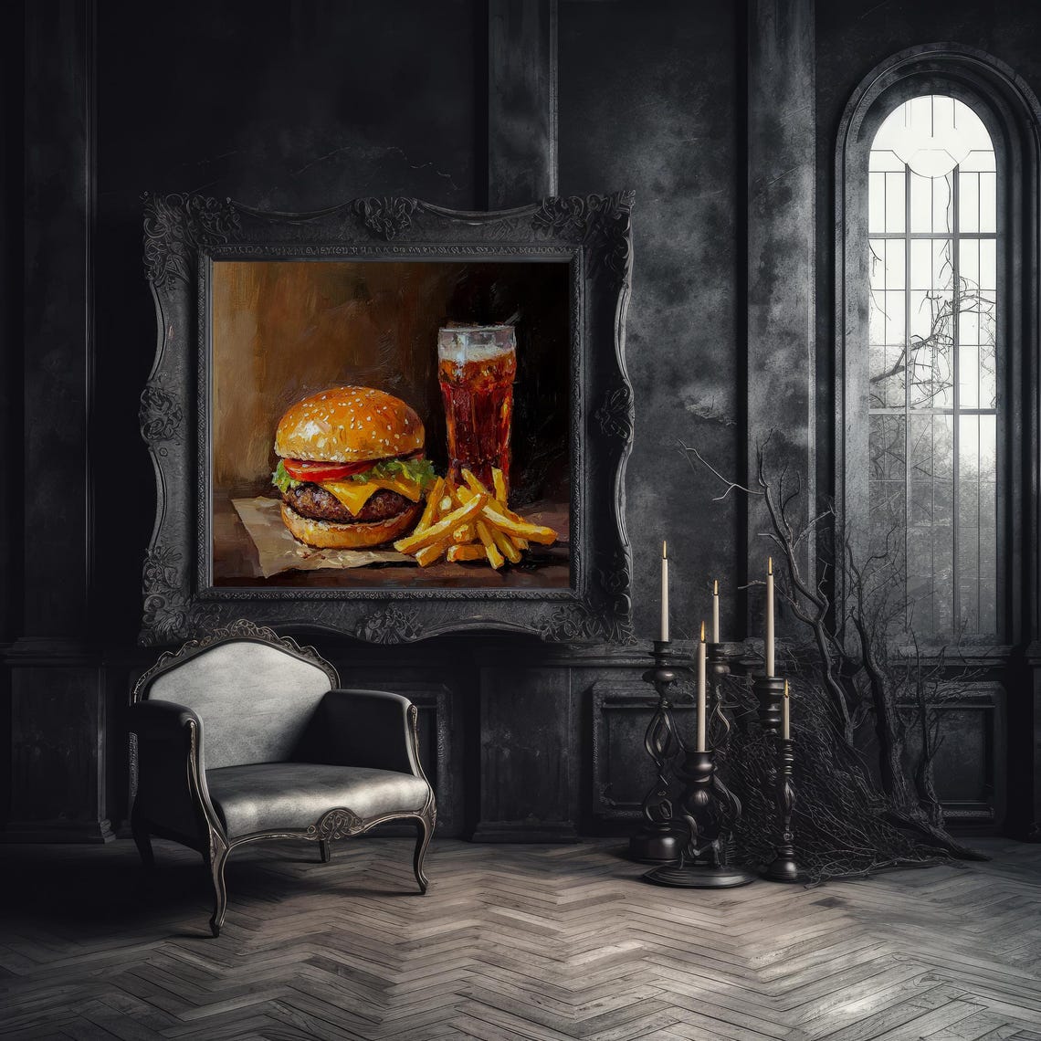 Classic Burger Combo | Vintage Still Life Oil Painting, Moody Wall Art ...