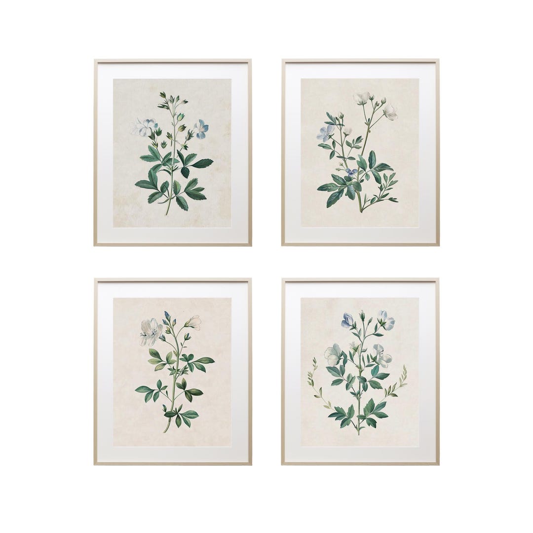 Green Botanical Set of 4 | Vintage Floral Prints, Minimal Watercolor ...