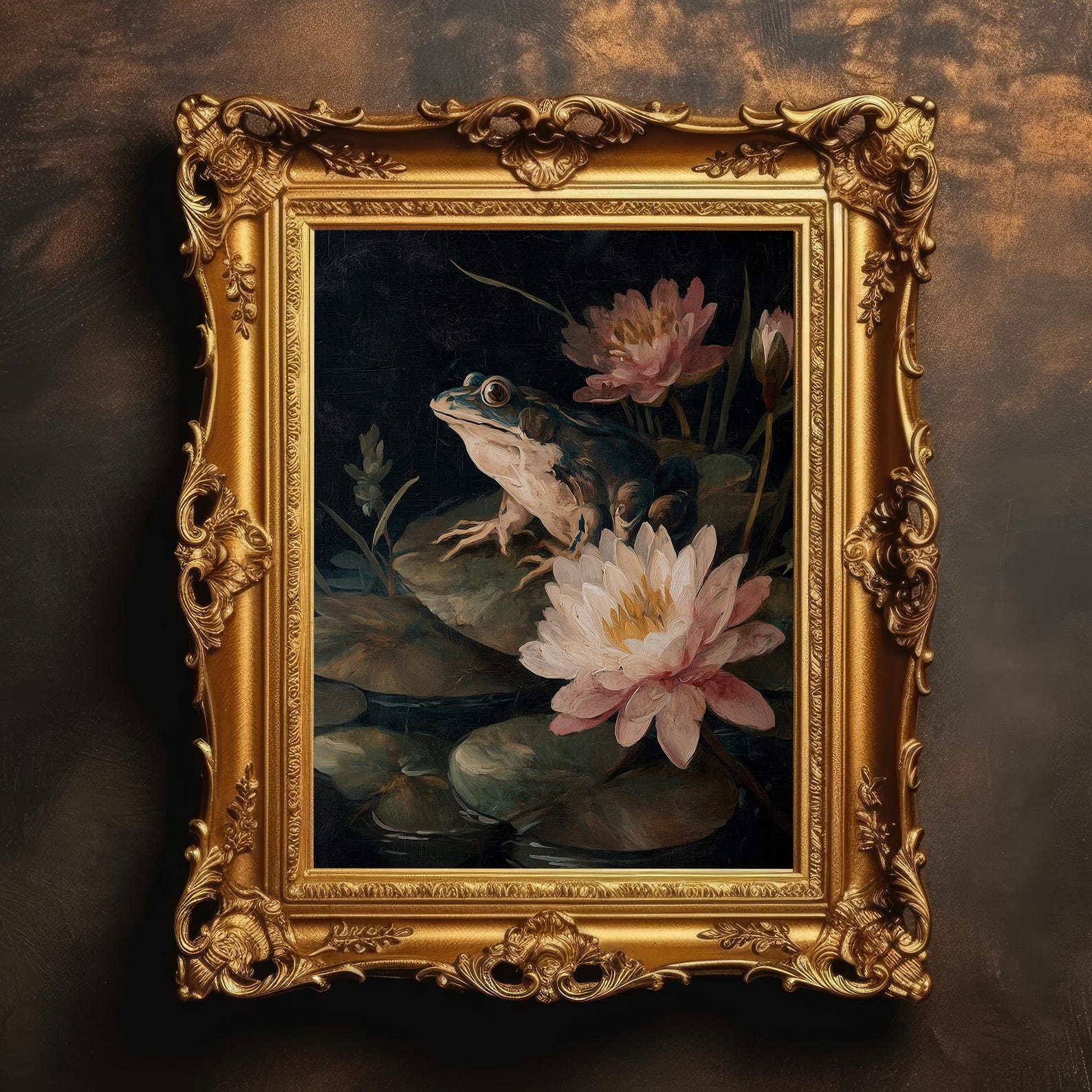 Frog & Water Lily Oil Painting | Goblincore Dark Academia Art Print ...