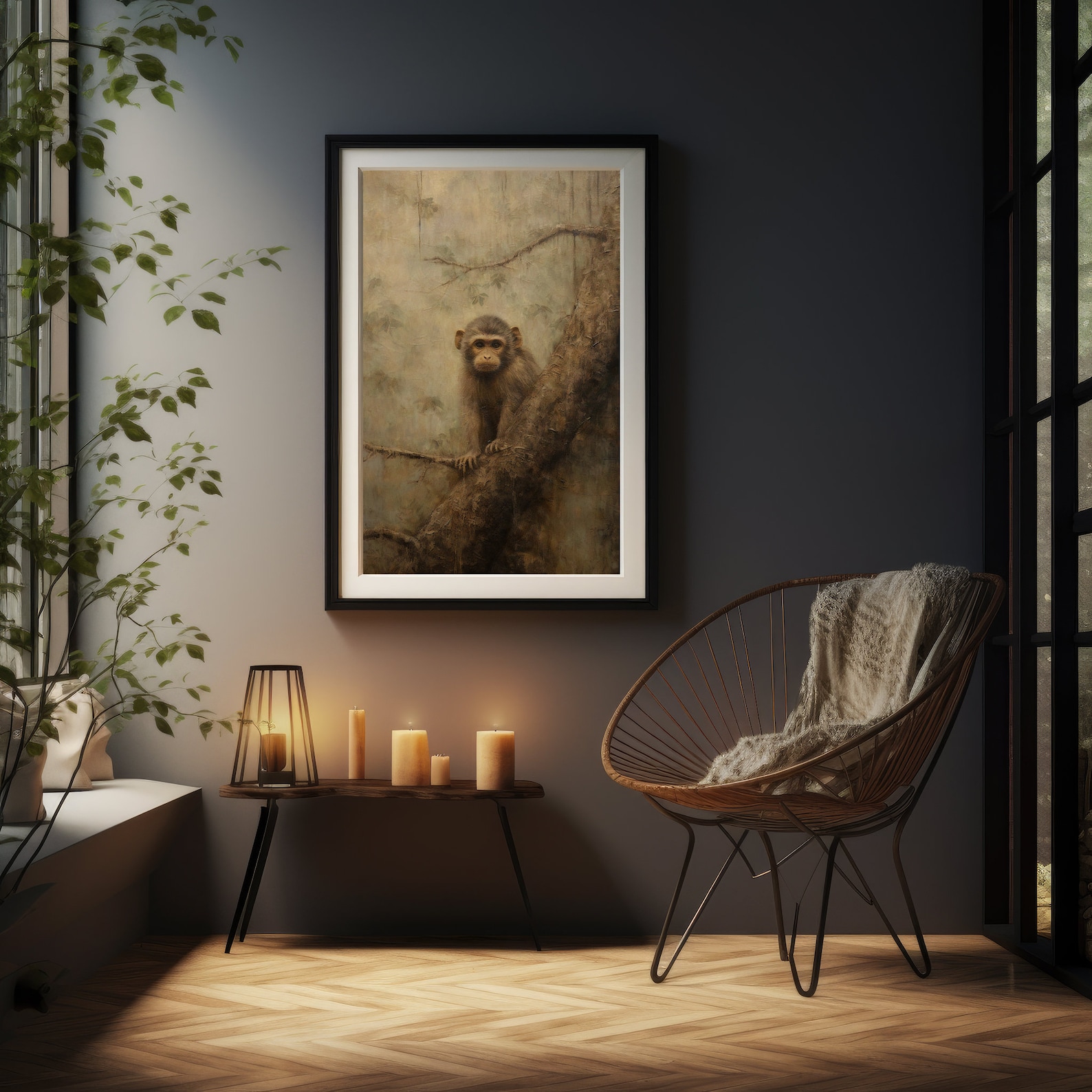 Monkey Perched on Tree Branch | Vintage Oil Painting, Antique Aesthetic ...