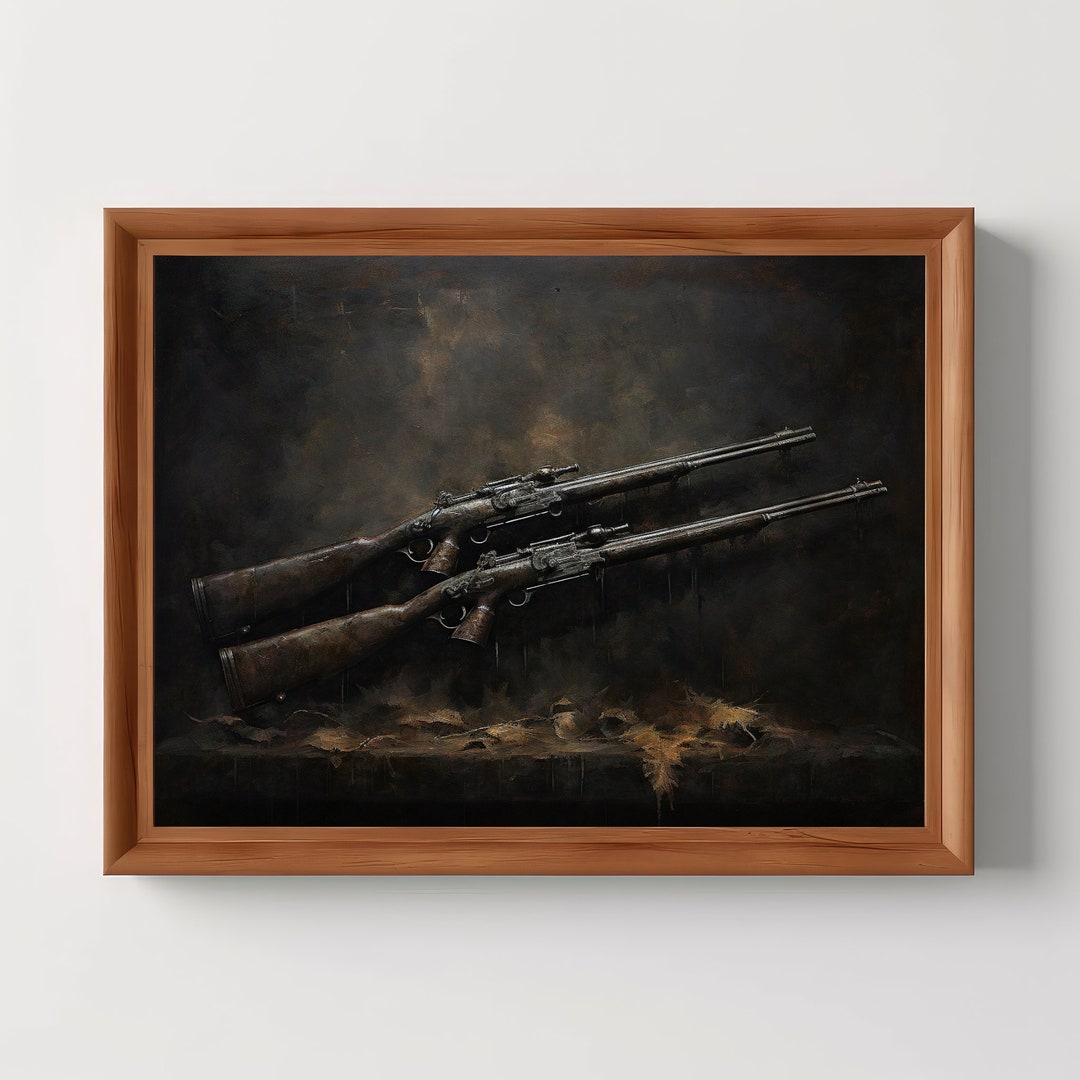 Rifle Painting | Vintage Firearms Art, Gun Decor, Antique Oil Painting ...