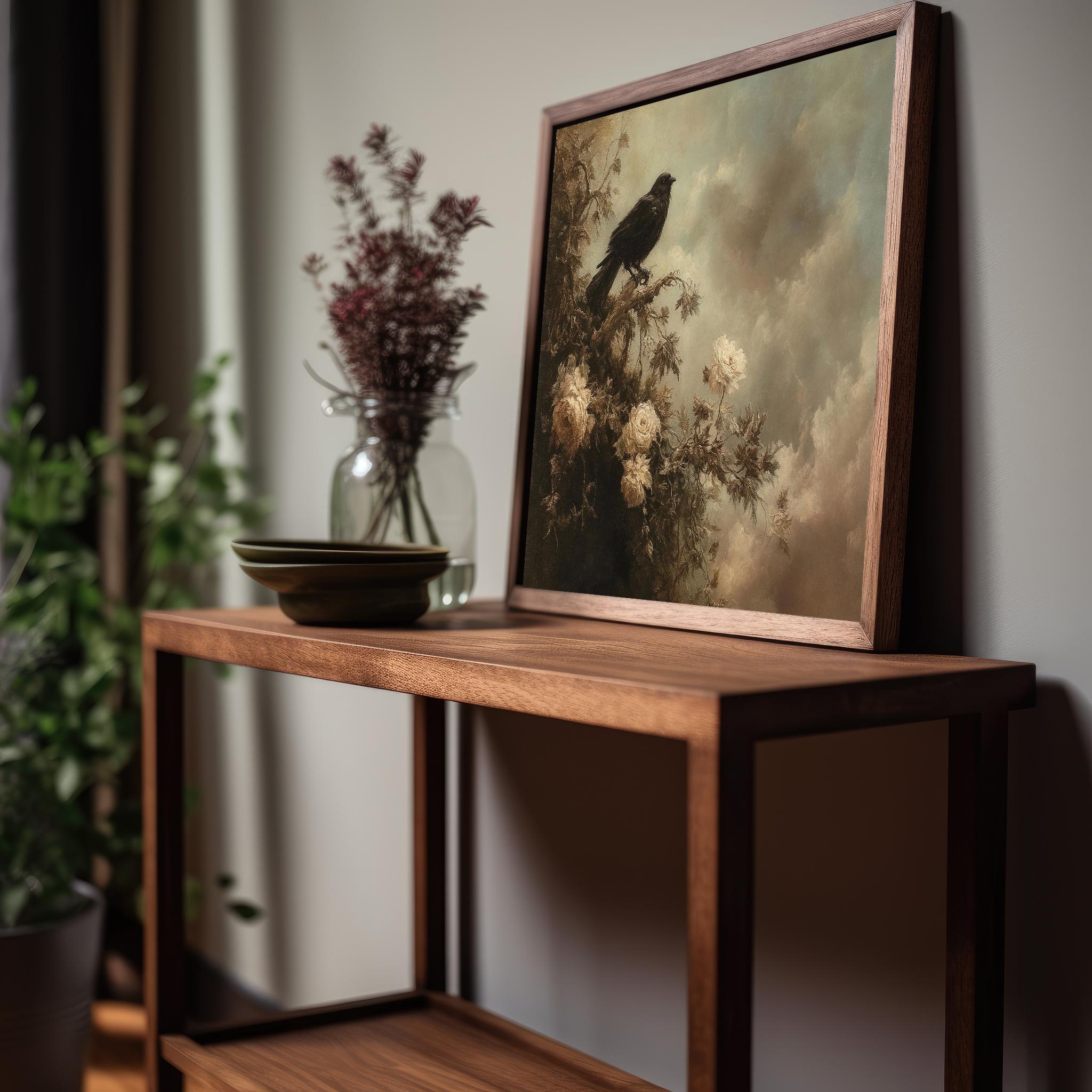 Raven and Peonies | Gothic Vintage Bird Art, Dark Romantic Oil Painting ...