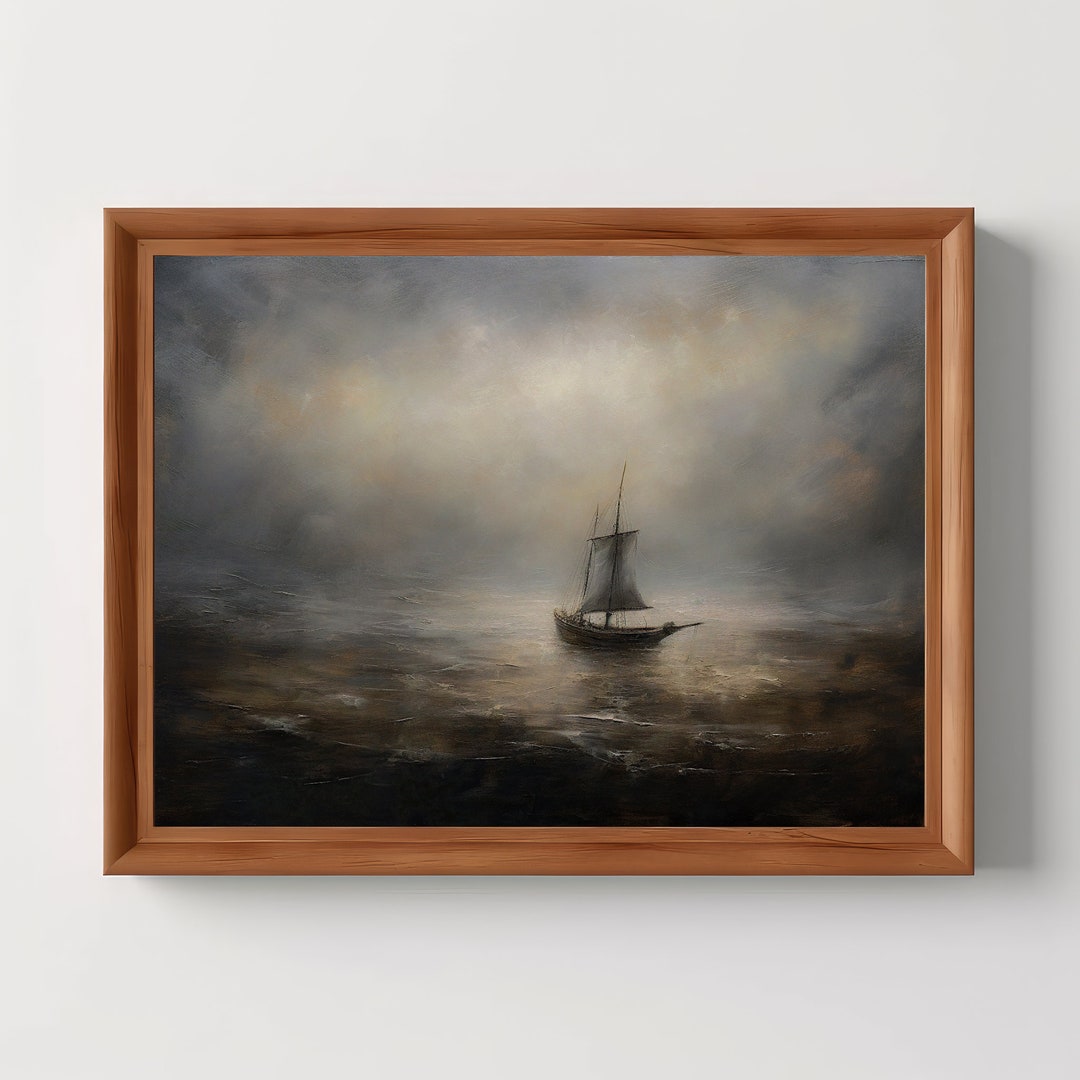 Sailboat Sea Landscape | Dark Nautical Art, Moody Harbor Painting ...