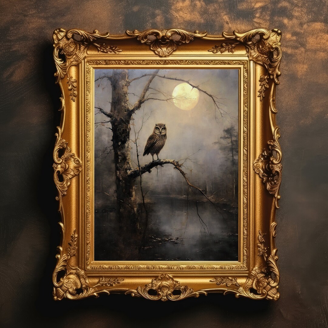 Owl River | Tree Moonlight, Dark Academia Print, Vintage Aesthetic, Antique Oil Painting ...