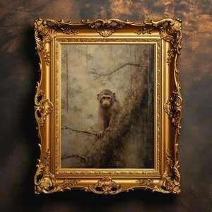 Monkey Perched on Tree Branch | Vintage Oil Painting, Antique Aesthetic ...
