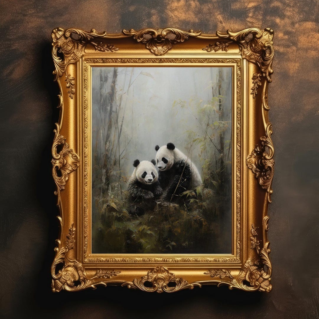 Pandas in Bamboo Forest Landscape | Vintage Oil Painting, Moody Art ...