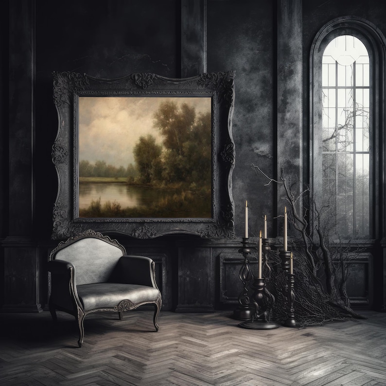 Serene Waterscape | Vintage Moody Landscape Print, Rustic Green Nature ...