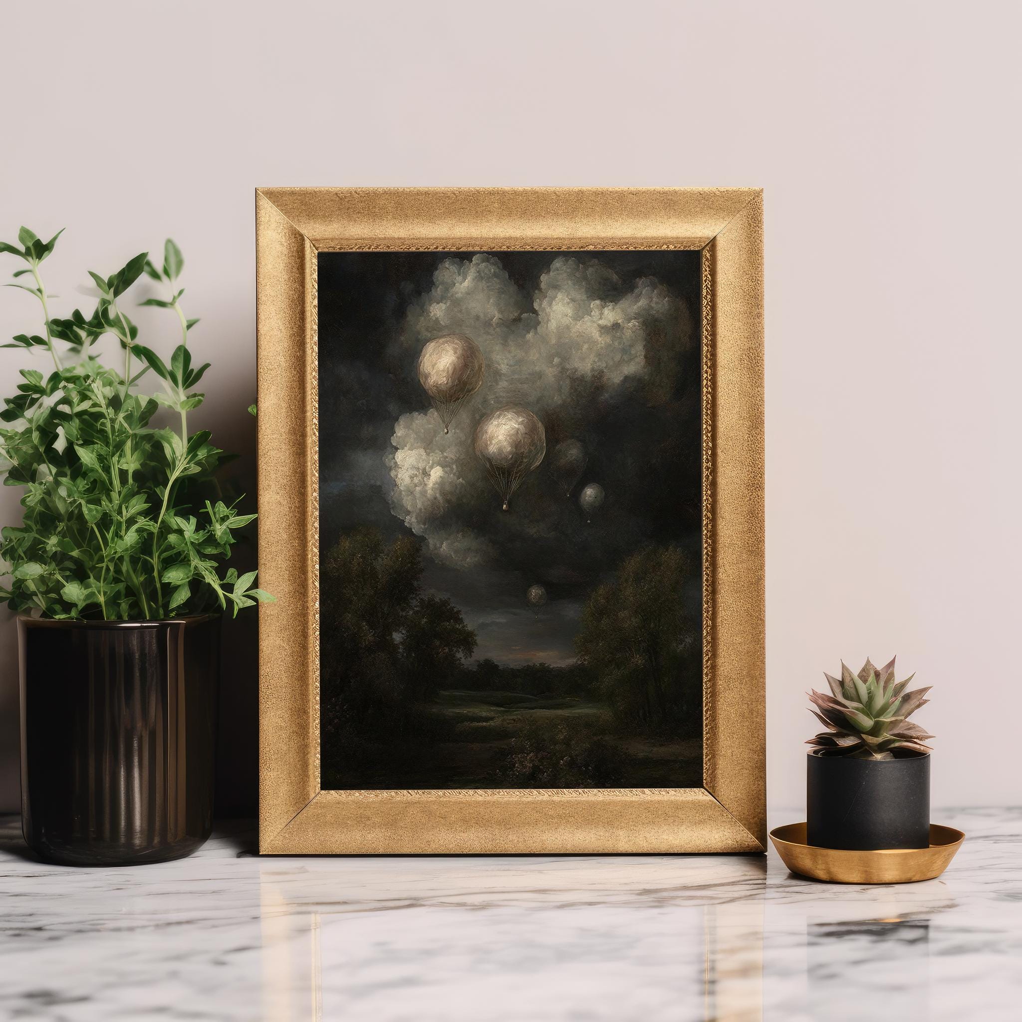 Hot Air Balloons Landscape | Gothic Wall Art, Vintage Painting, Dark ...