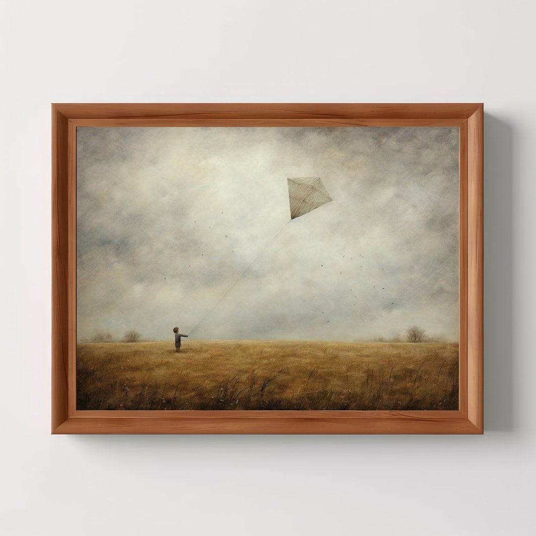 Kite Flying Art | Child in Field Painting, Pastoral Scene Vintage Print ...