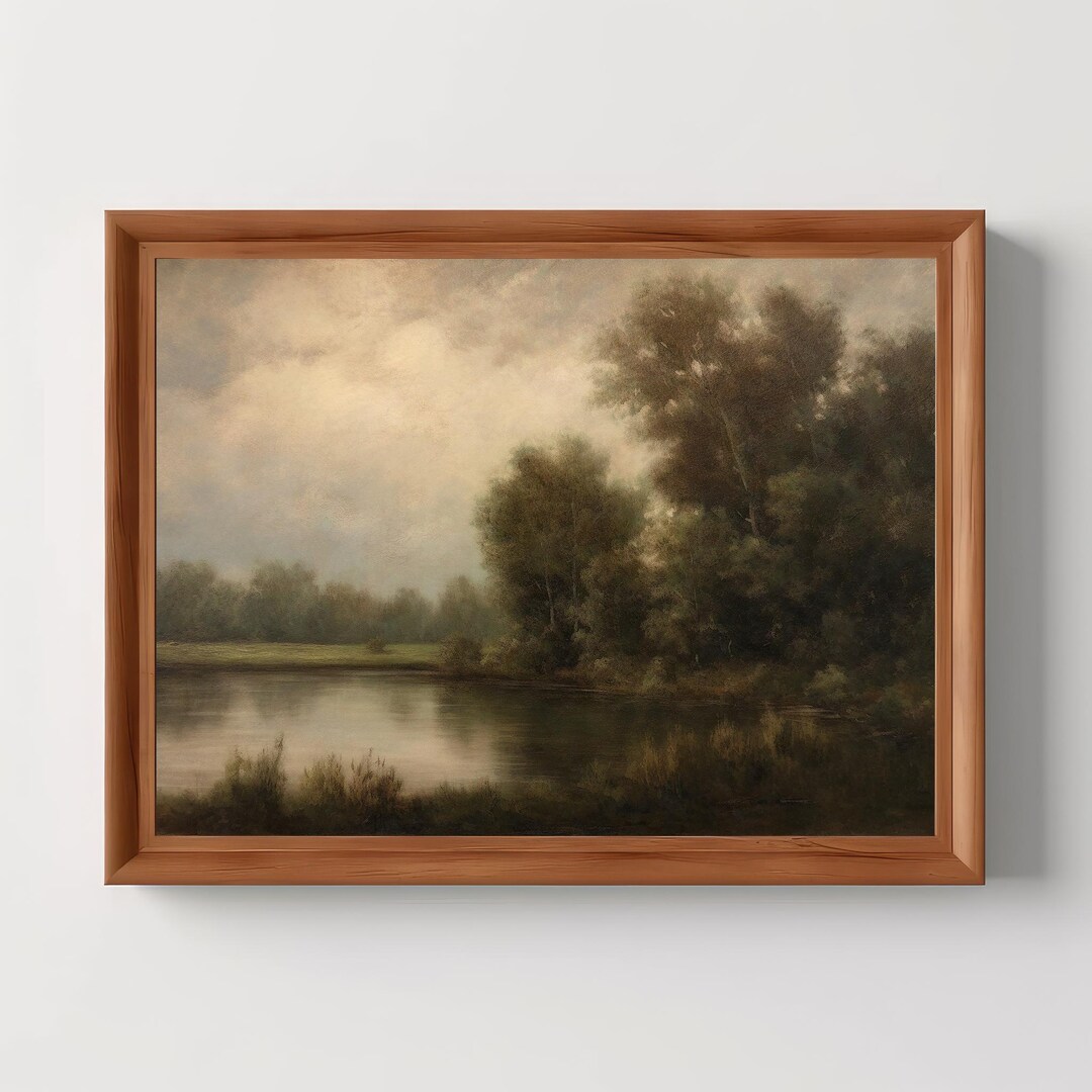 Serene Waterscape | Vintage Moody Landscape Print, Rustic Green Nature ...