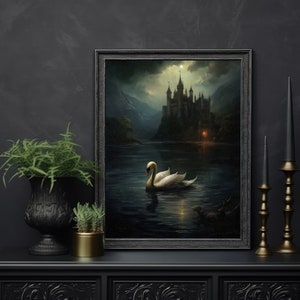White Swan Castle | Moody Antique Swan Oil Painting, Witchy Aesthetic ...