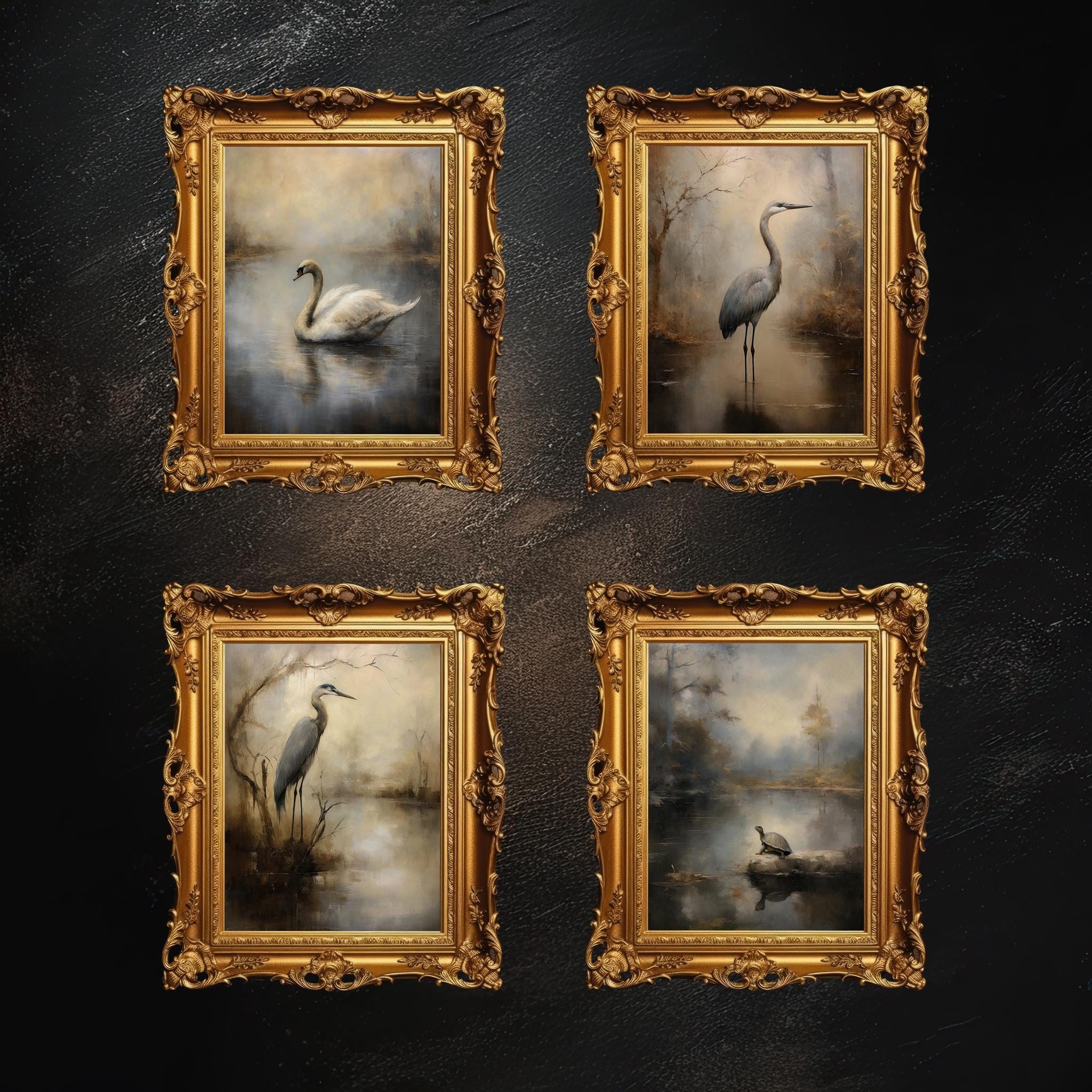 Set of 4 Vintage Waterfowl Wall Art | Swan and Heron Painting, Tranquil ...