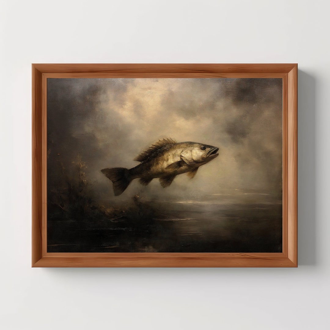 Bass Fish | Cottagecore Wall Art, Lake Landscape Oil Painting, Antique ...