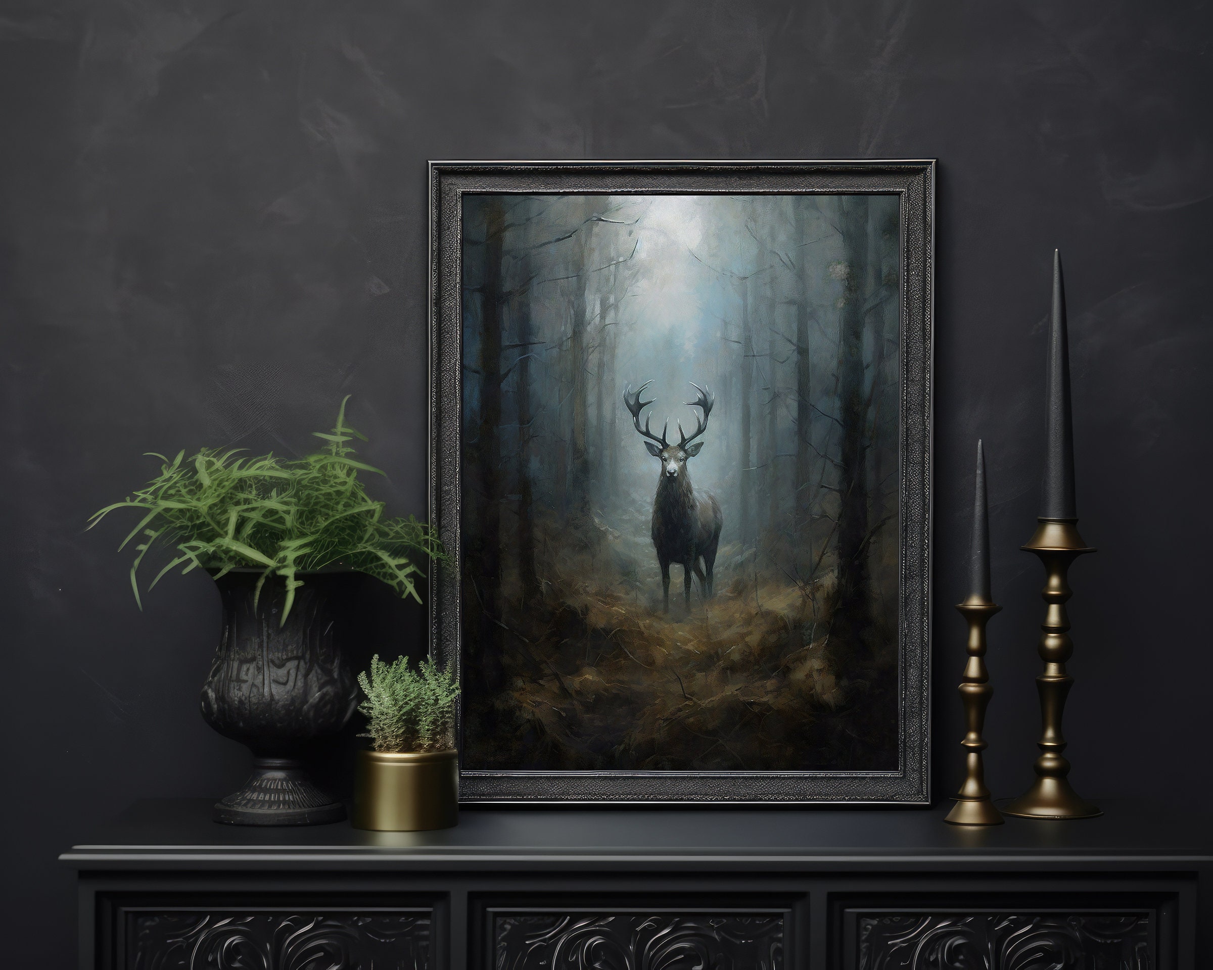 Deer in Woods | Dark Academia, Woodland Goth Decor, Dark Oil Painting ...