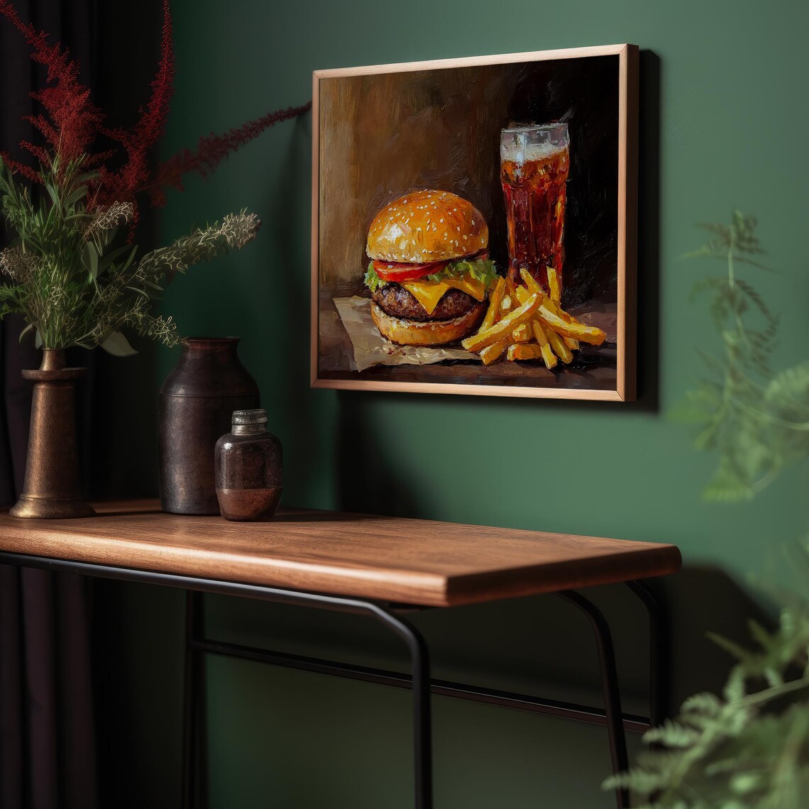 Classic Burger Combo | Vintage Still Life Oil Painting, Moody Wall Art ...
