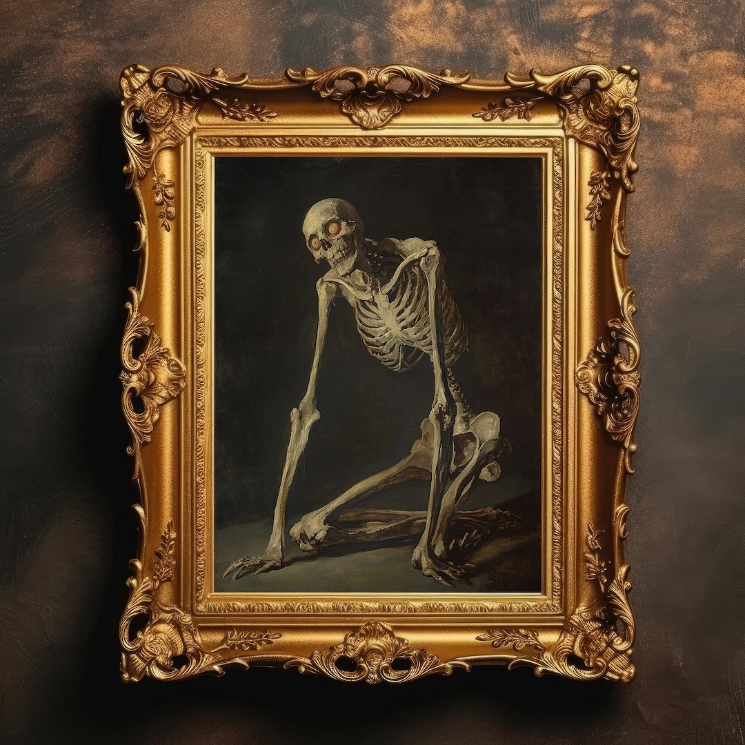 Skeleton Vintage Macabre Painting, Halloween Decor, Moody Wall Art ...