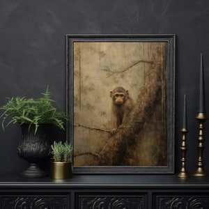 Monkey Perched on Tree Branch | Vintage Oil Painting, Antique Aesthetic ...