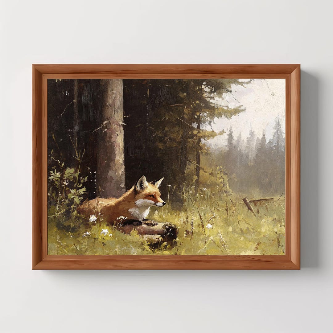 Fox in Forest Painting | Woodland Animal Printable, Rustic Nature Wall ...