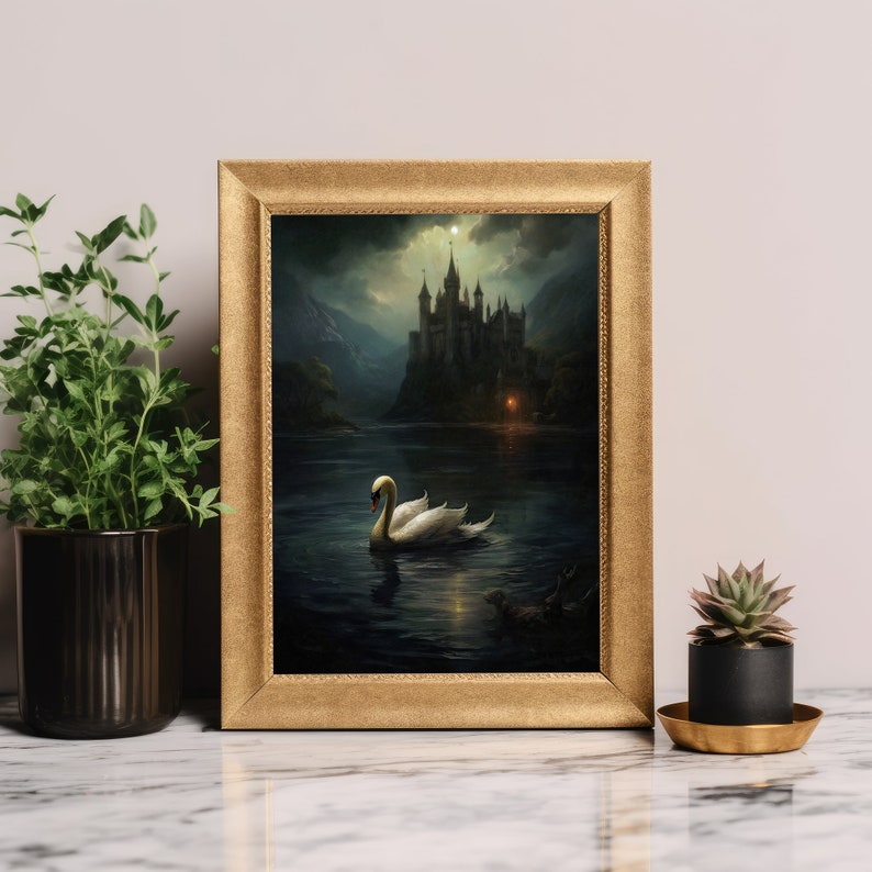 White Swan Castle | Moody Antique Swan Oil Painting, Witchy Aesthetic ...