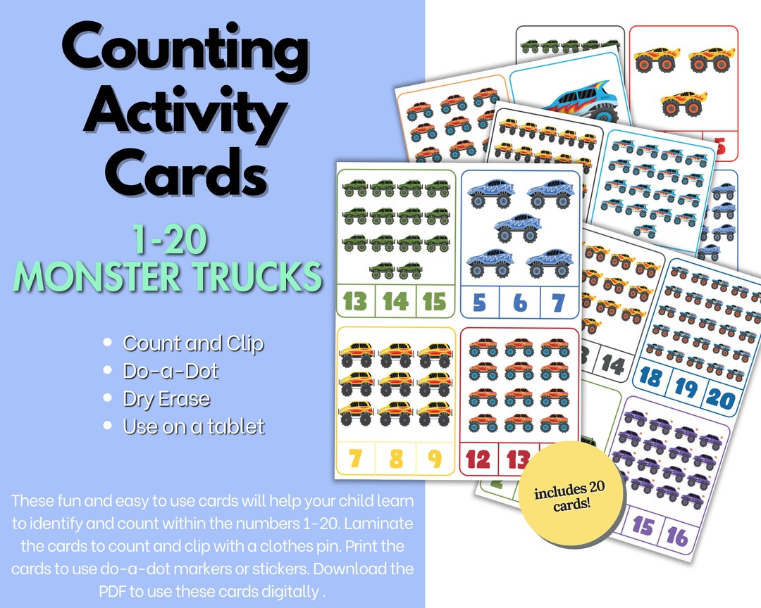 Count Clip Cards Numbers 1-20 Printable Monster Trucks Homeschool ...