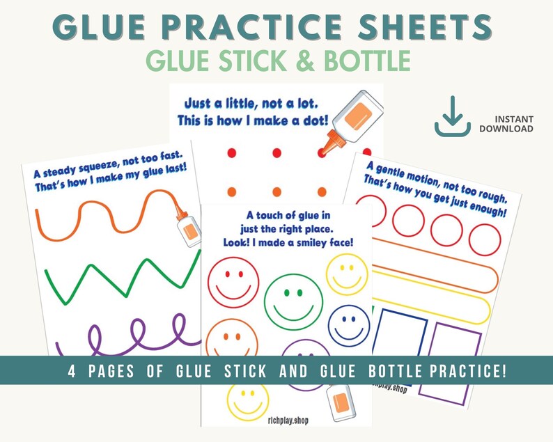 Glue Practice Sheets- Kids' Glue Stick & Bottle Practice Sheets Bundle ...