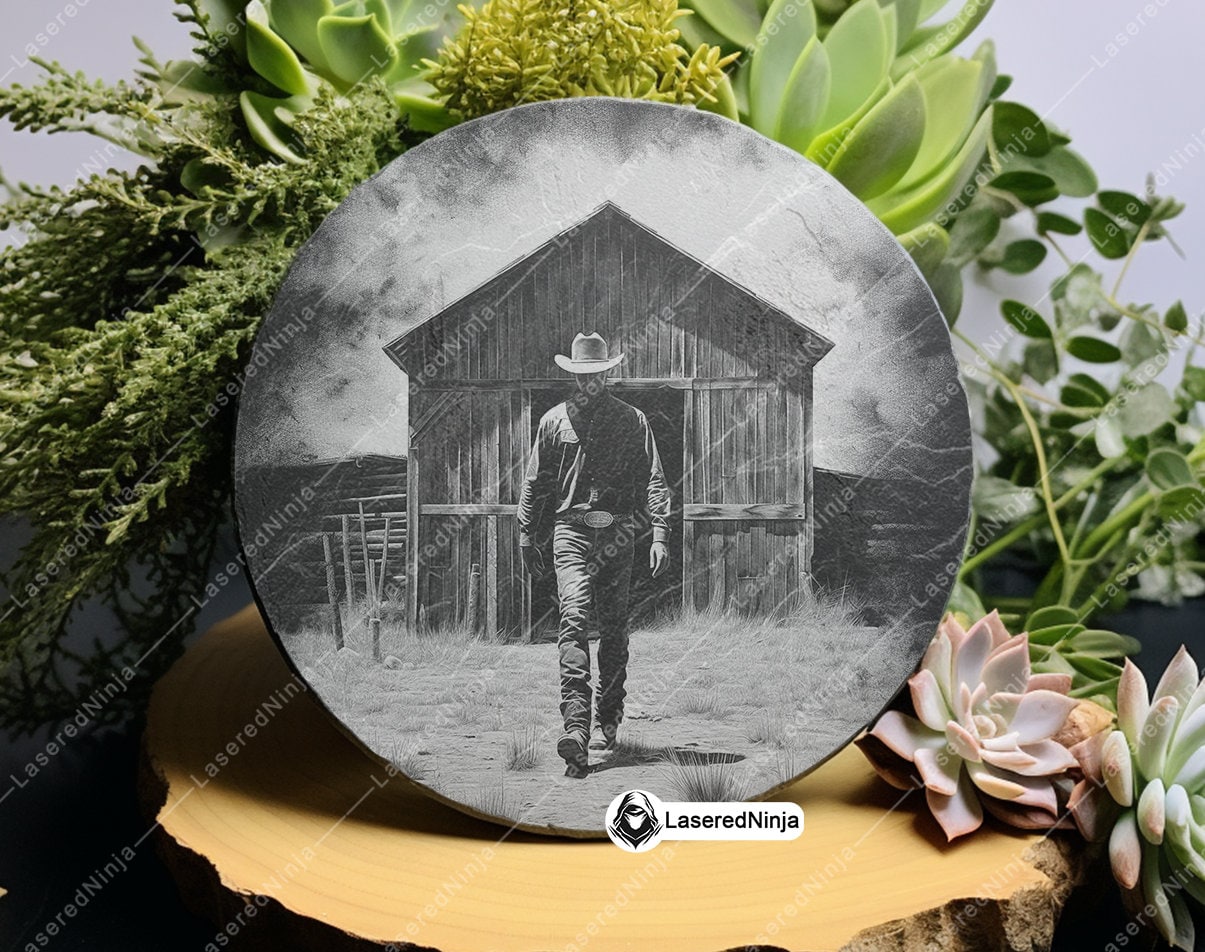 Cowboy Rustic Farm Barn Ranch Old Western Scene Laser PNG Slate Coaster ...